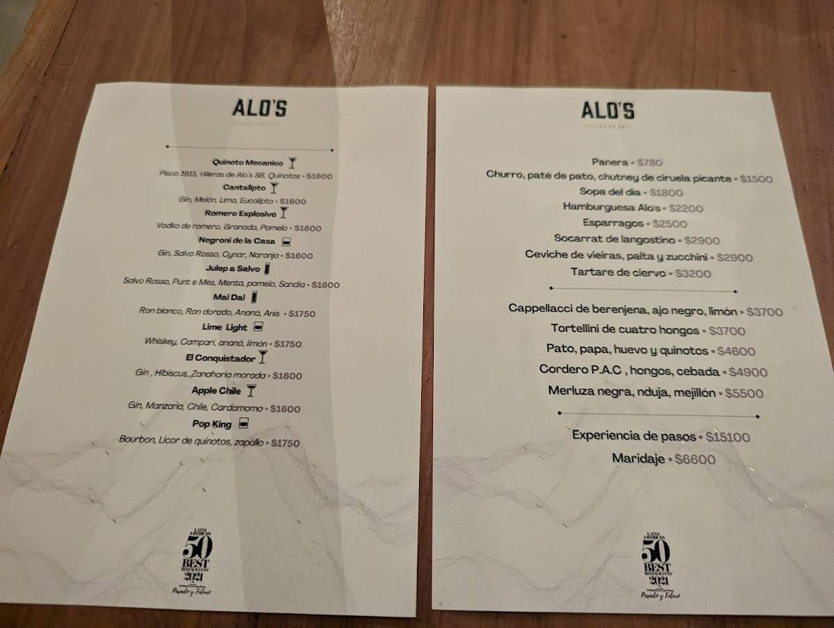 Menu at ALO'S BISTRO restaurant, San Isidro, Blanco Encalada 2120