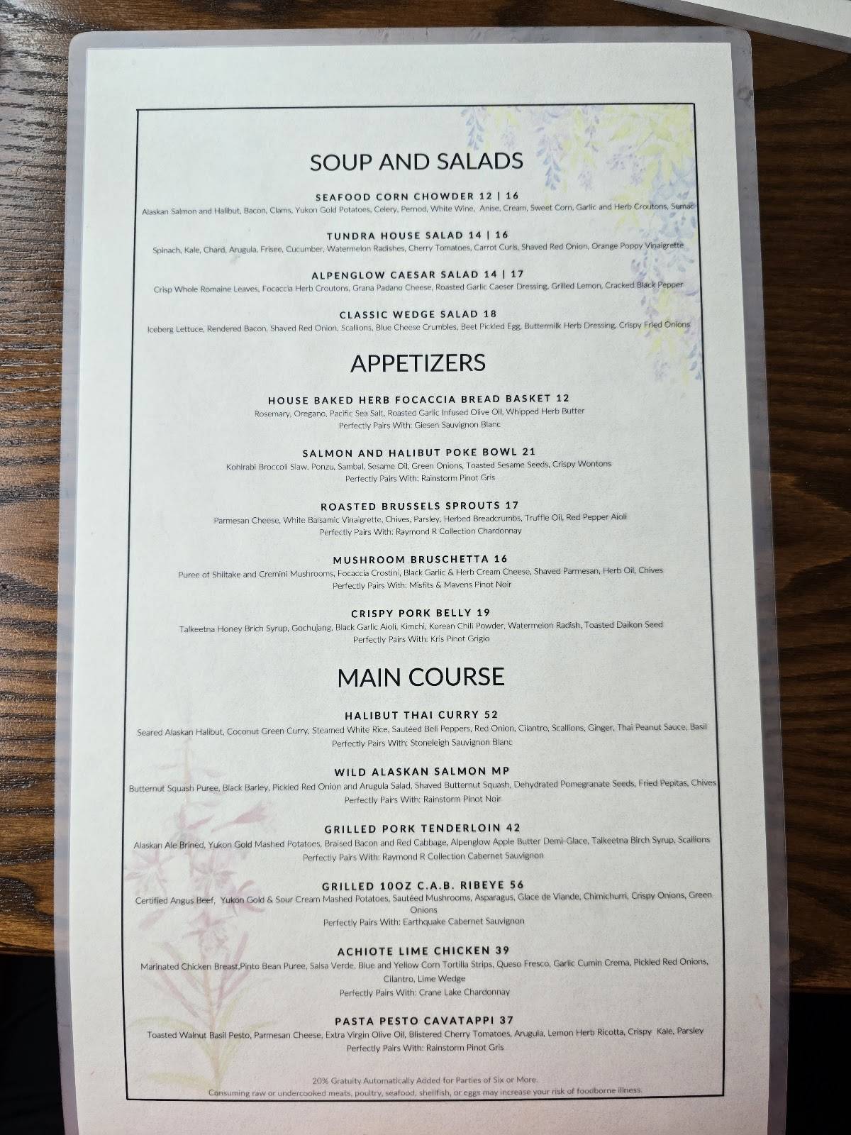 Menu at Alpenglow Restaurant, McKinley Park, 238 Parks Hwy
