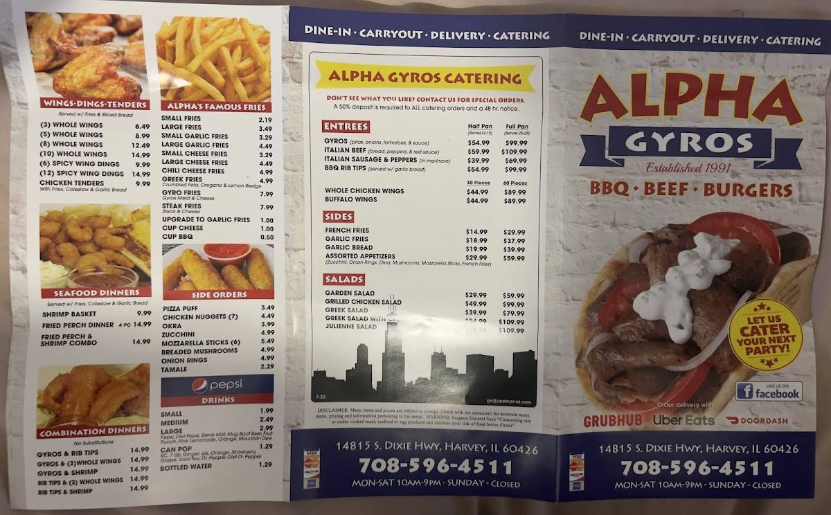 Menu at Alpha Gyros restaurant, Harvey, Dixie Hwy