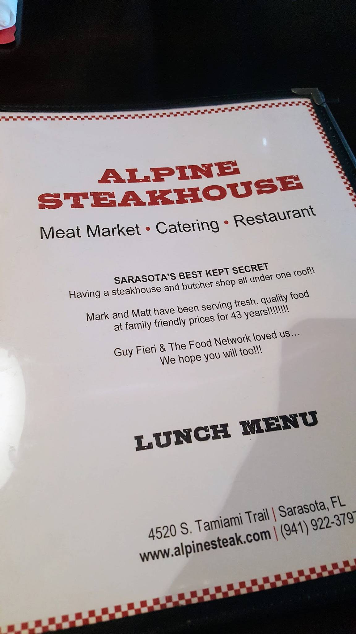 Menu at Alpine Steakhouse and Butcher Shop, Sarasota