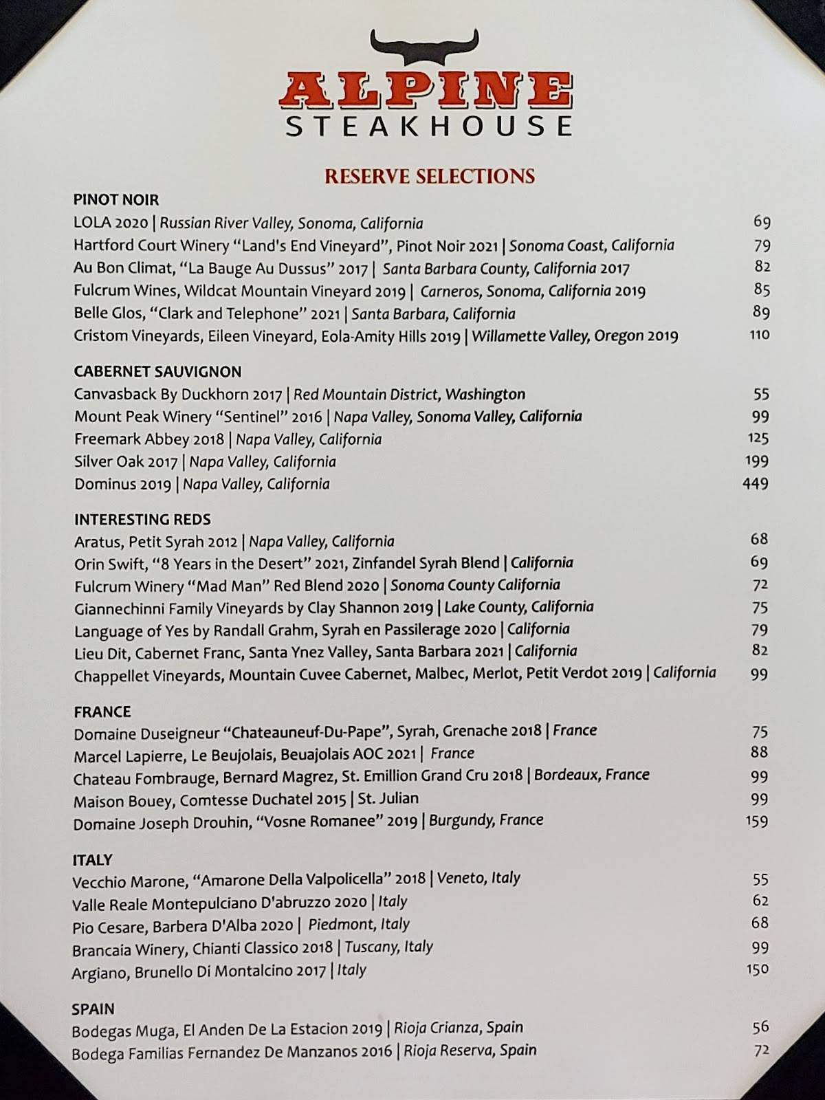 Menu at Alpine Steakhouse and Butcher Shop, Sarasota