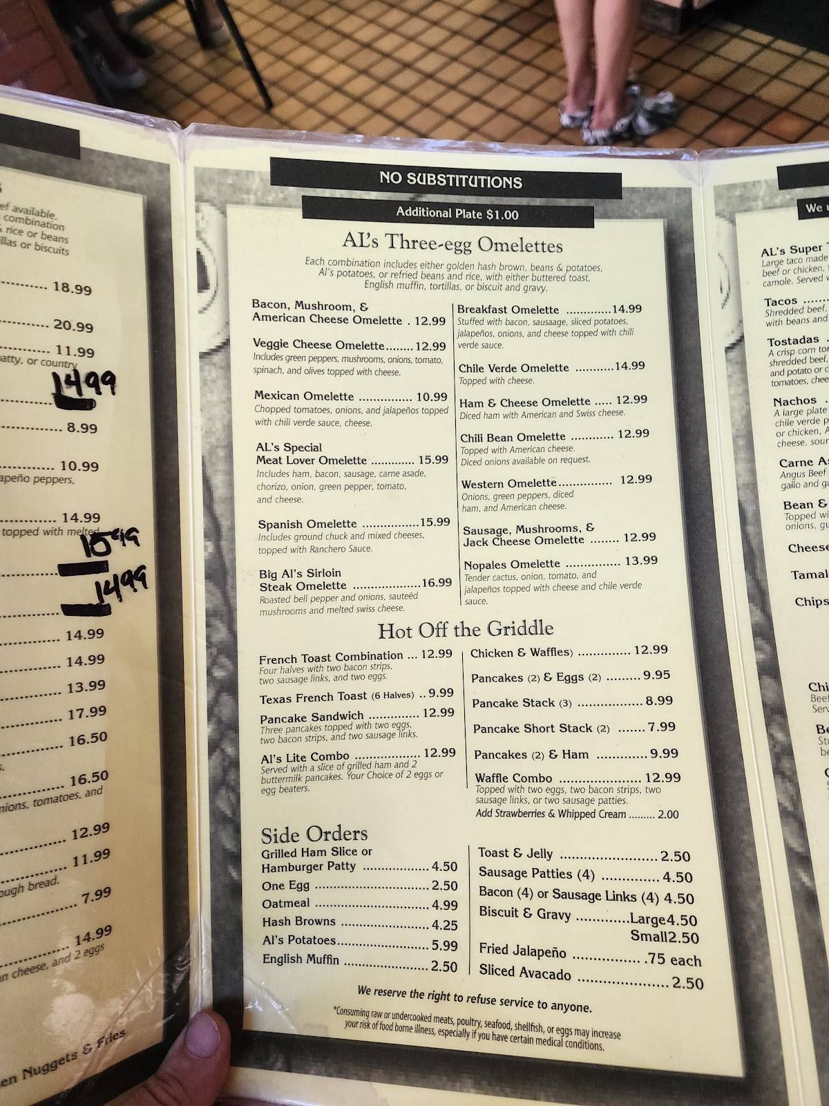 Menu at Al's Café restaurant, Fresno