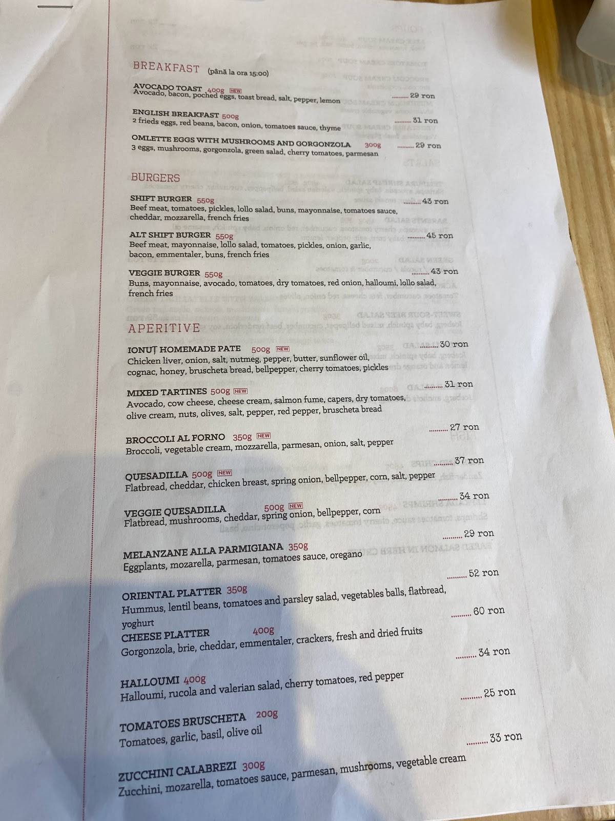 Menu at Alt Shift, Bucharest