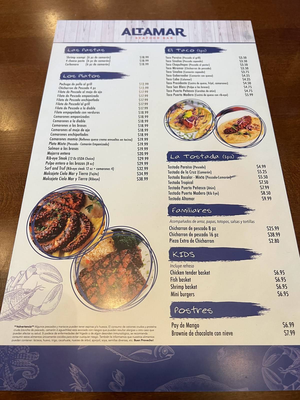 Menu at Altamar Seafood & Bar, Pharr