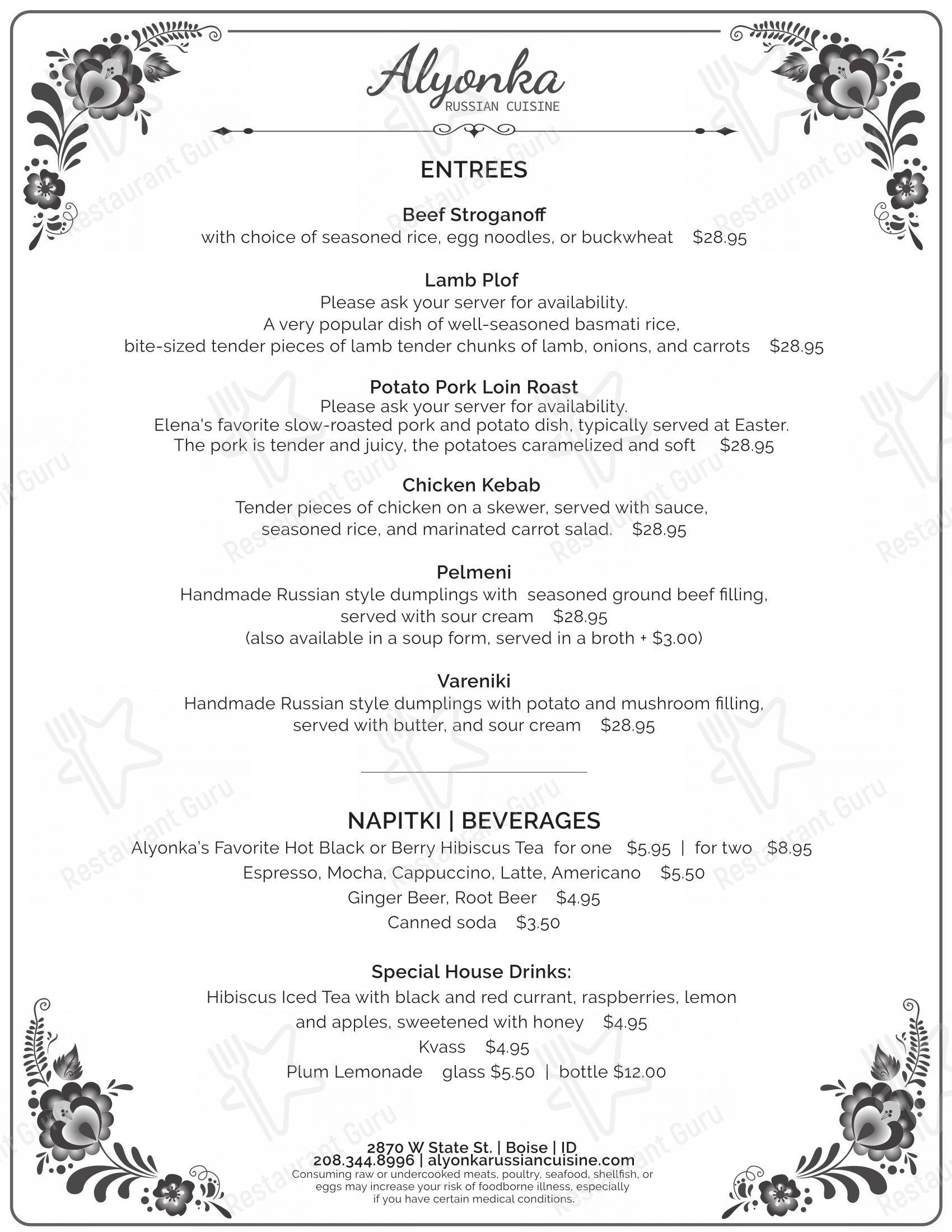 Menu at Alyonka Russian Cuisine restaurant, Boise