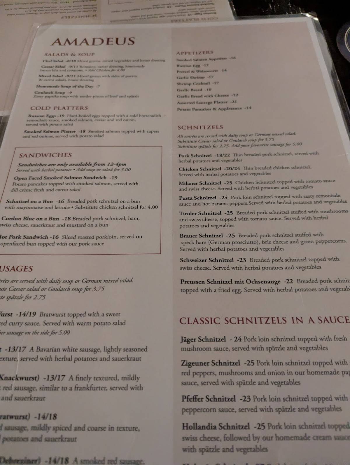 Menu at Amadeus Cafe, Kingston