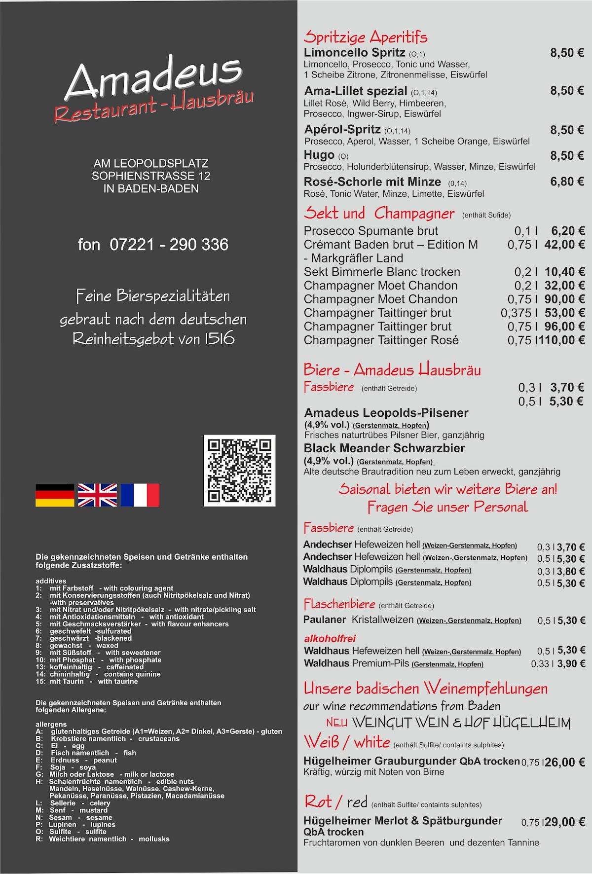 Speisekarte von Amadeus Restaurant - Hausbräu, Baden-Baden