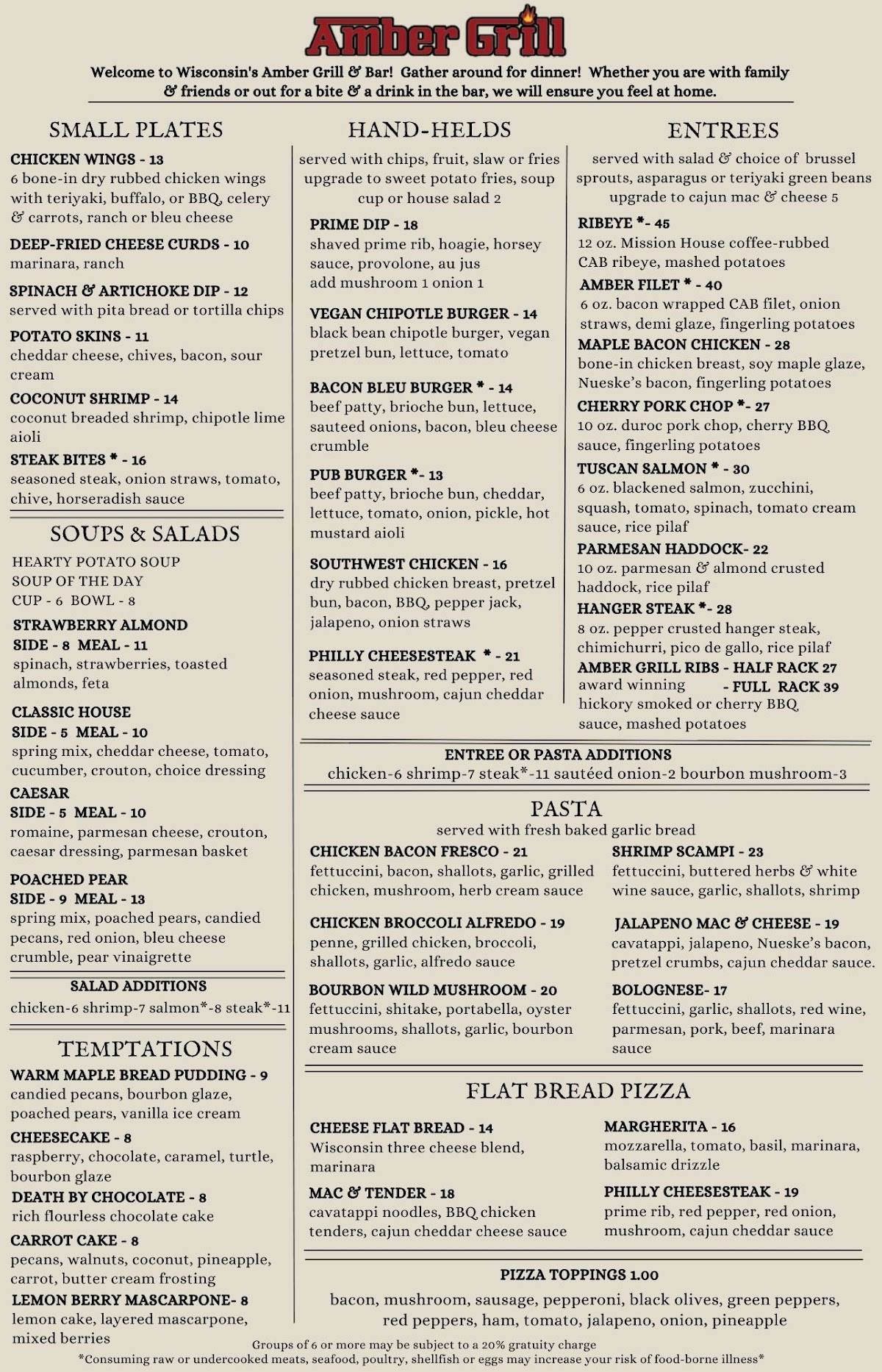Menu at Amber Grill pub & bar, Stevens Point