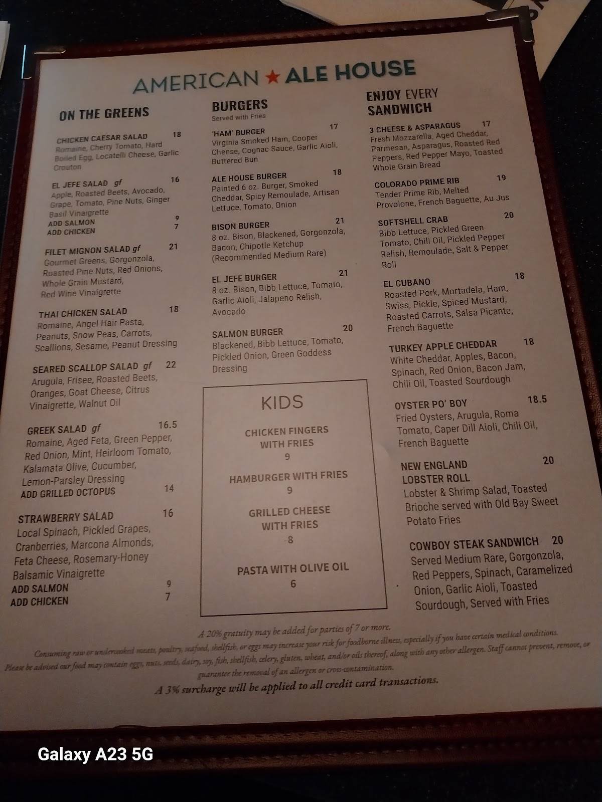 Menu at American Ale House restaurant, State College