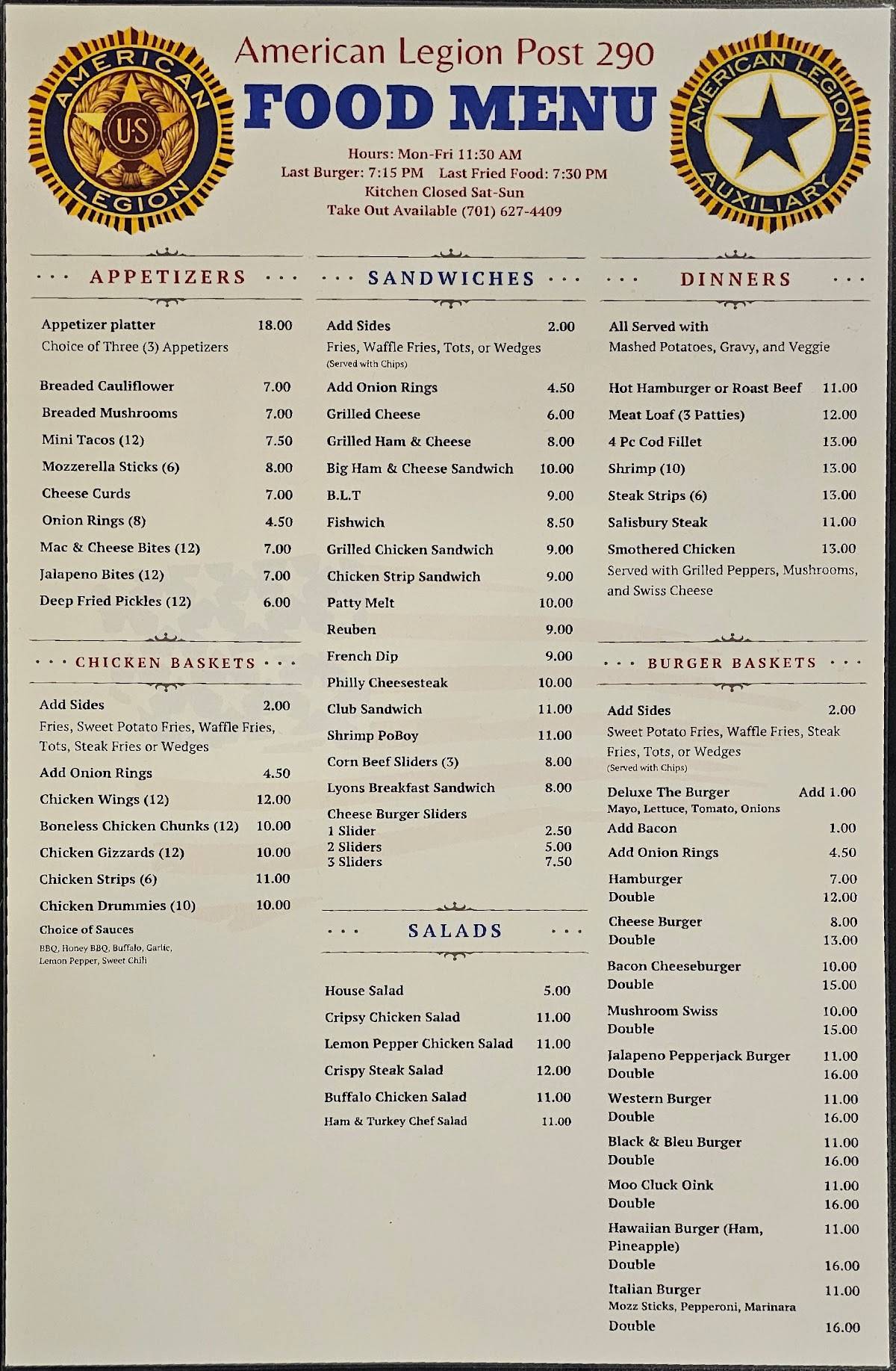 Menu at American Legion Post 290 pub & bar, New Town