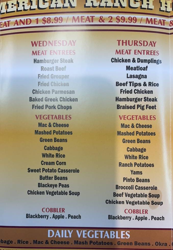 Menu at American Ranch House restaurant, Tarrant, Pinson Valley Pkwy