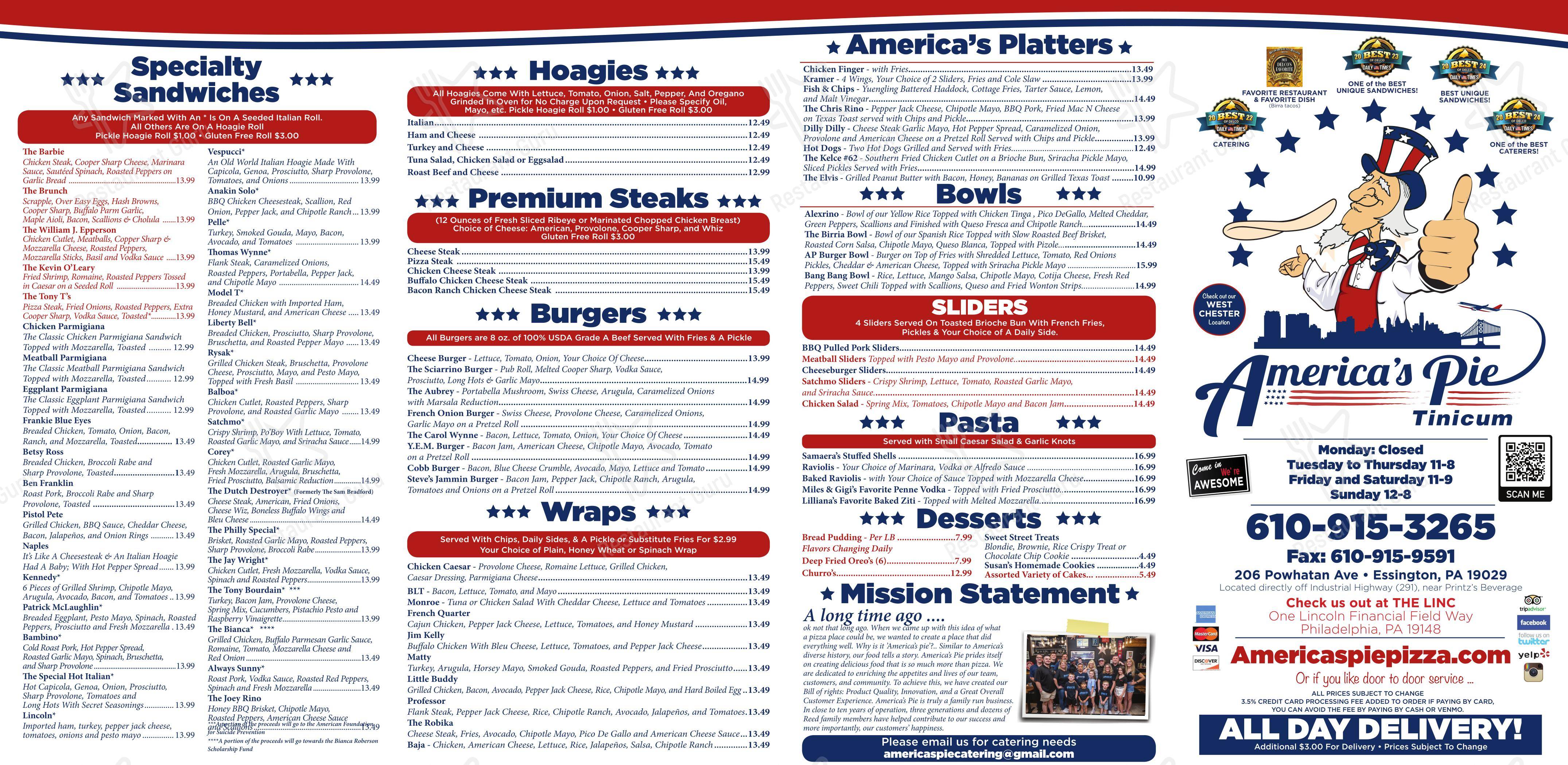 Menu at America's Pie Tinicum pizzeria, Tinicum Township