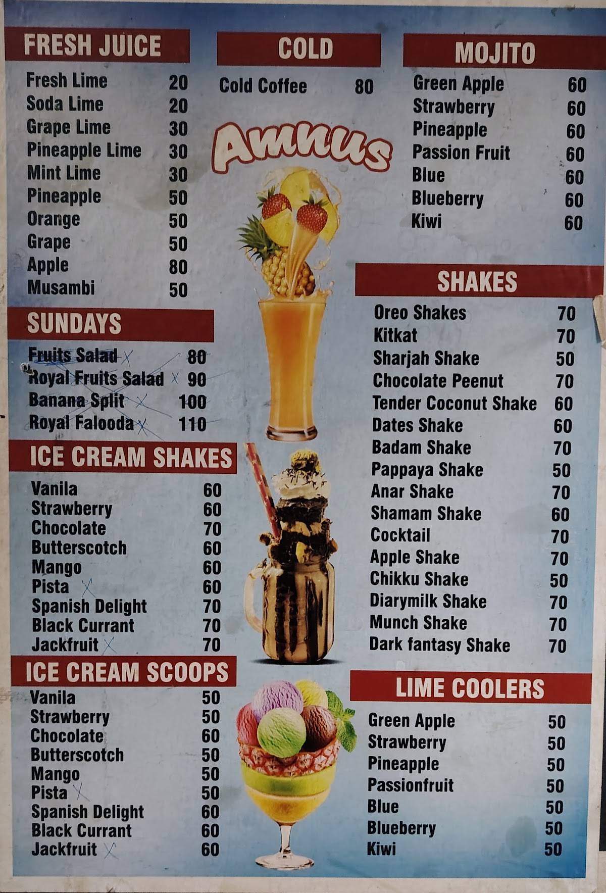 Menu at Amnuz juice cafe, Vallikavu