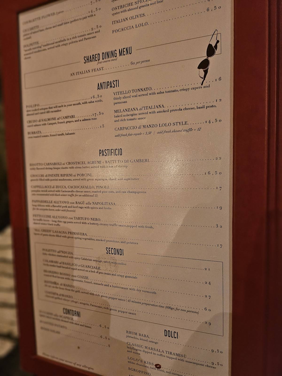 Menu at Lolo Amsterdam, Amsterdam