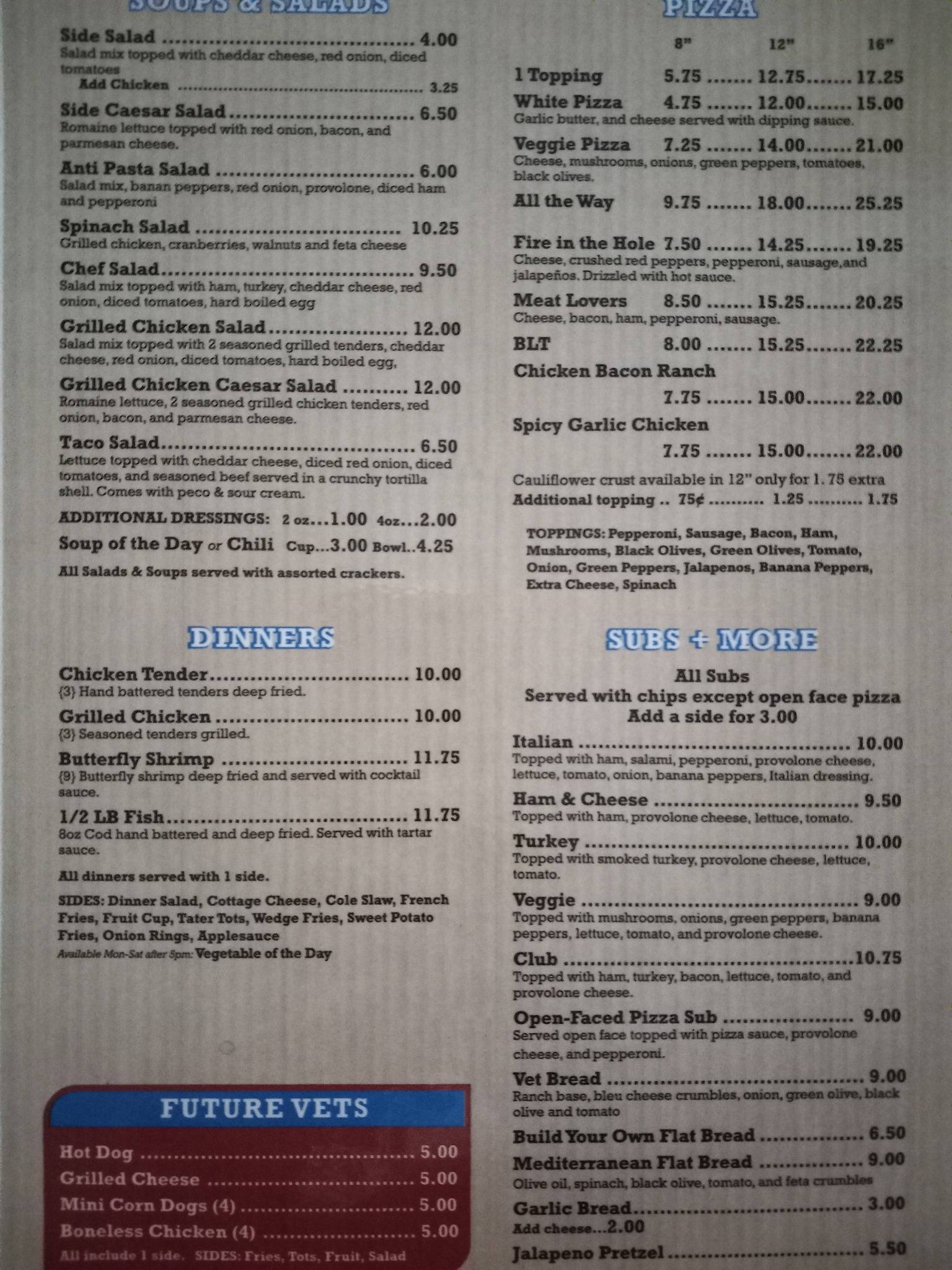 Menu at Amvets Post 51 club, Thornville