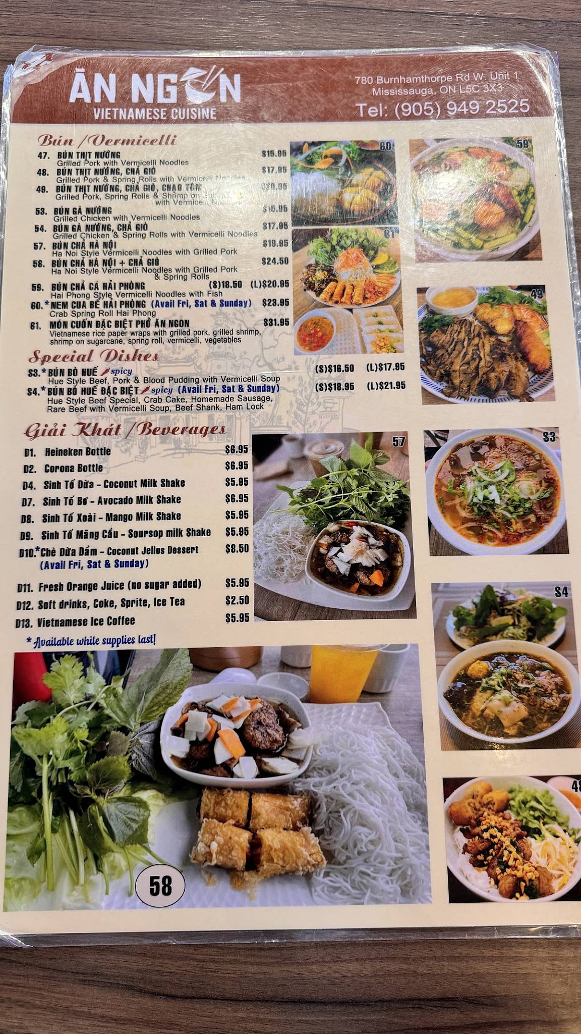 Menu au An Ngon Vietnamese Cuisine restaurant, Mississauga