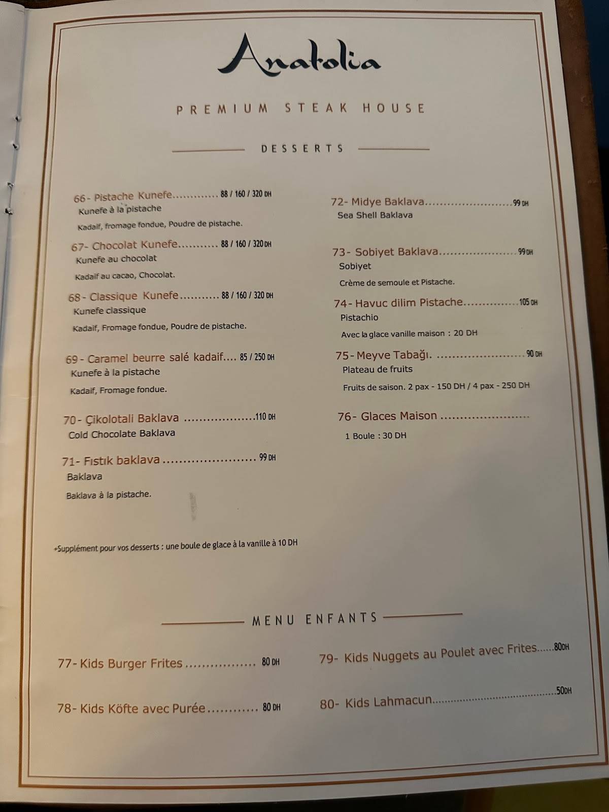 Menu au Anatolia Premium Steakhouse, Casablanca