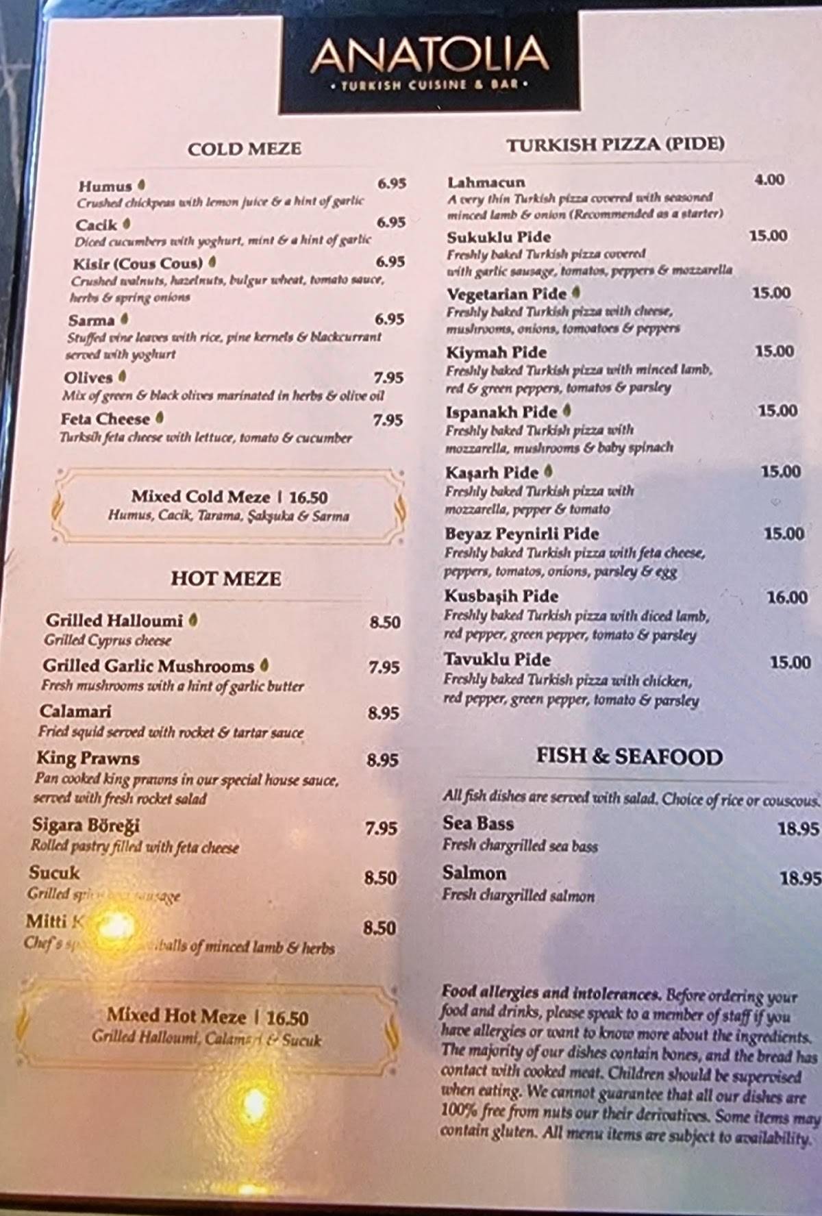 Menu at Anatolia Turkish Cuisine and Bar, Halifax