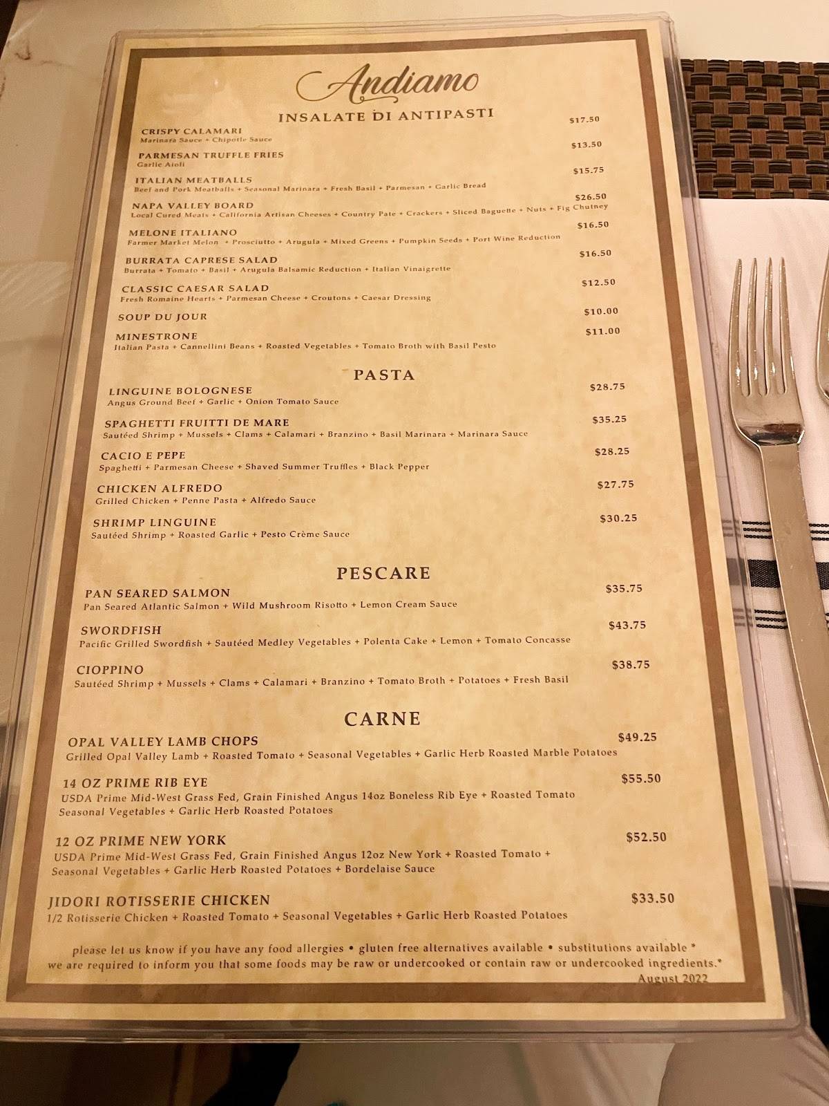 Menu at Andiamo restaurant, Los Angeles, W Century Blvd