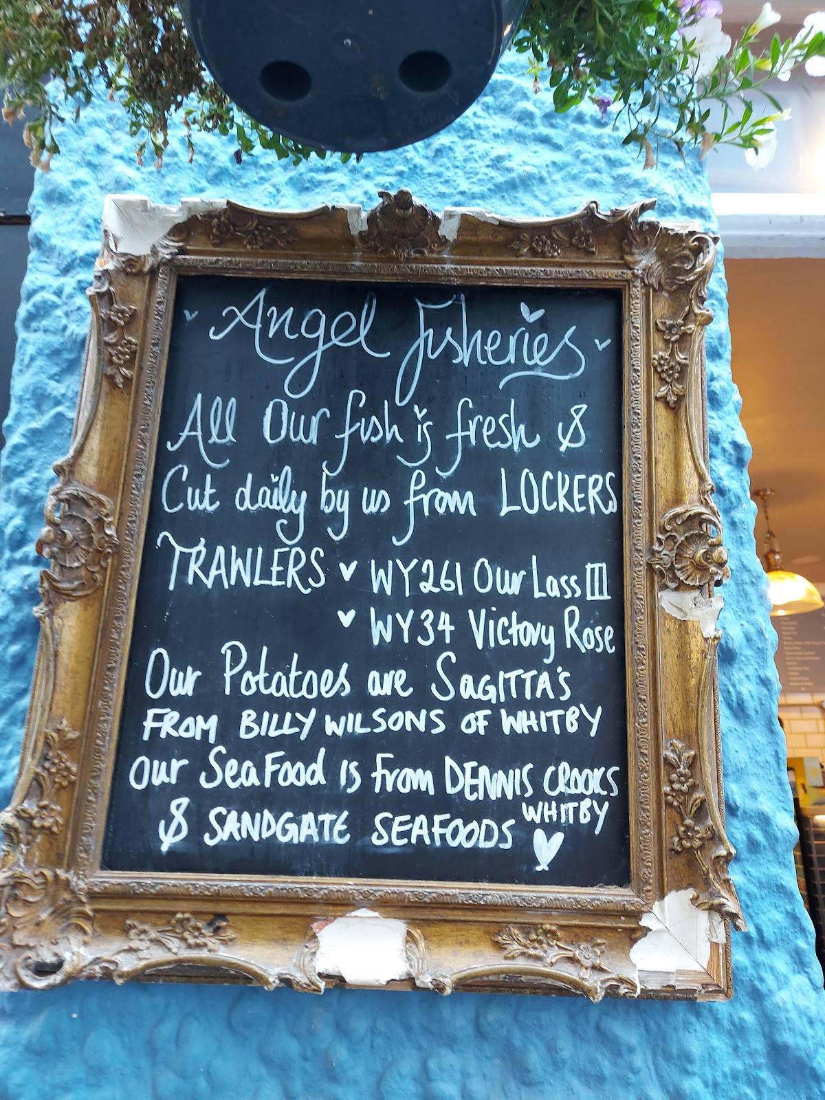 Menu at Angel Fisheries restaurant, Whitby
