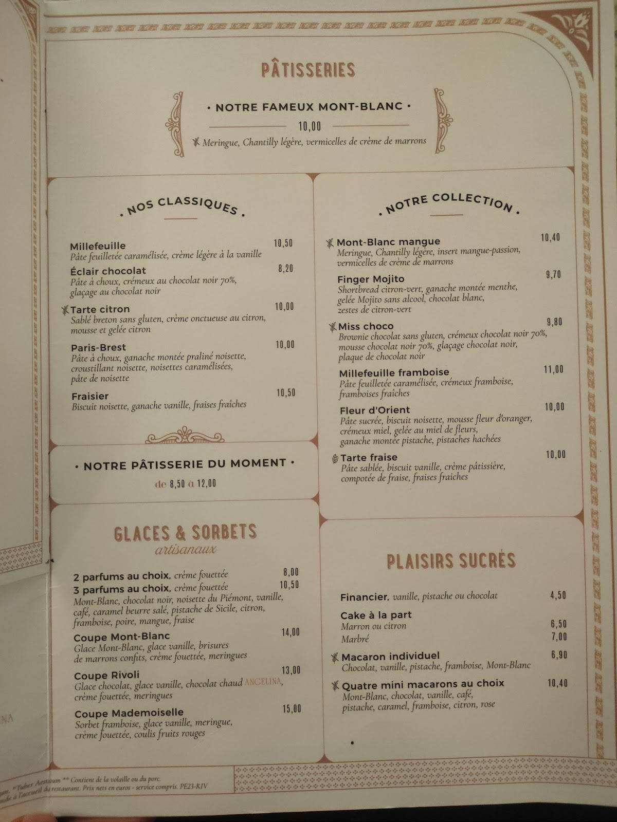 Carta del restaurante Angelina, Paris, 226 Rue del Rivoli