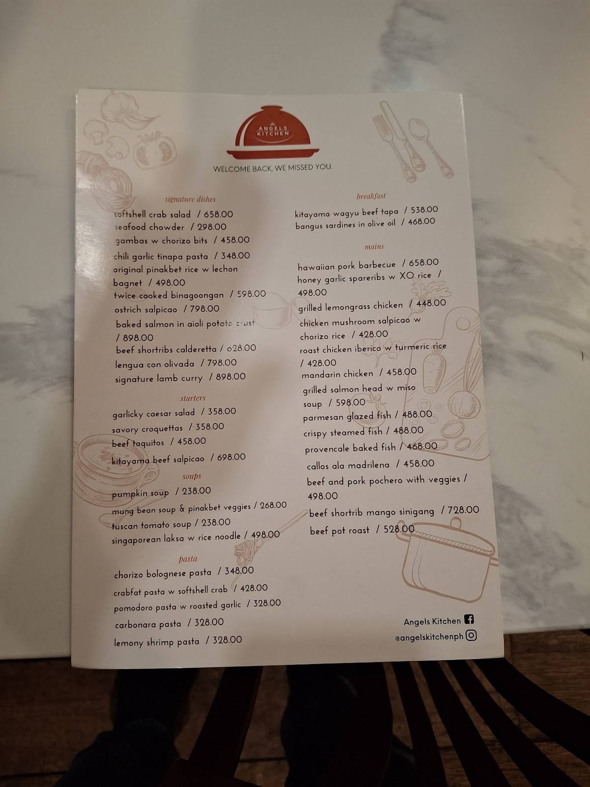 Menu at Angels' Kitchen restaurant, San Juan