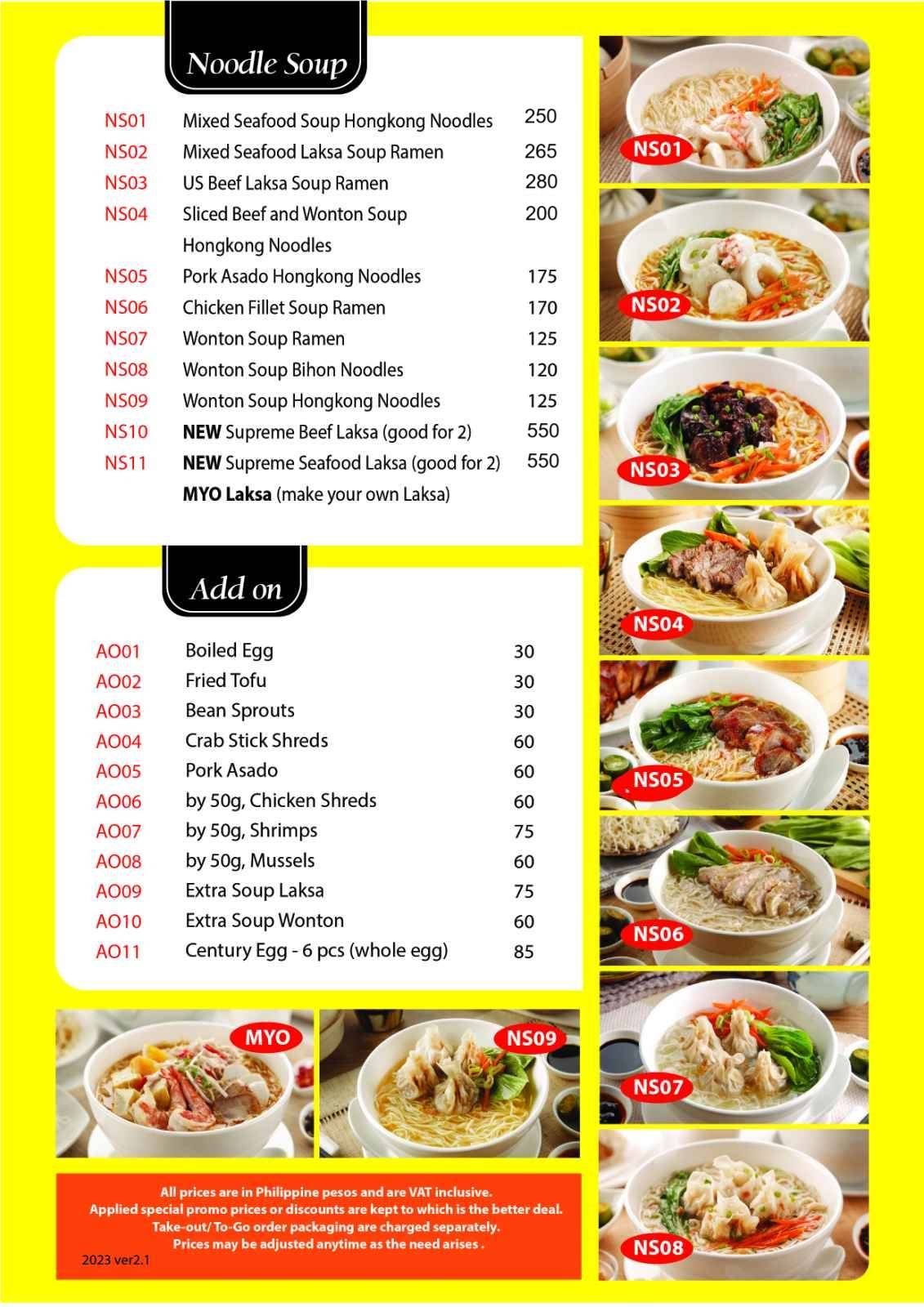 Menu at Angkong Noodle House restaurant, Bayambang