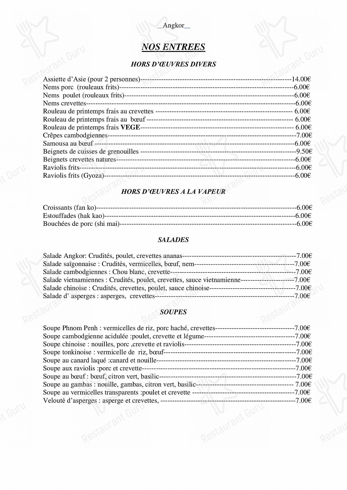 Menu au Restaurant Angkor, Meylan