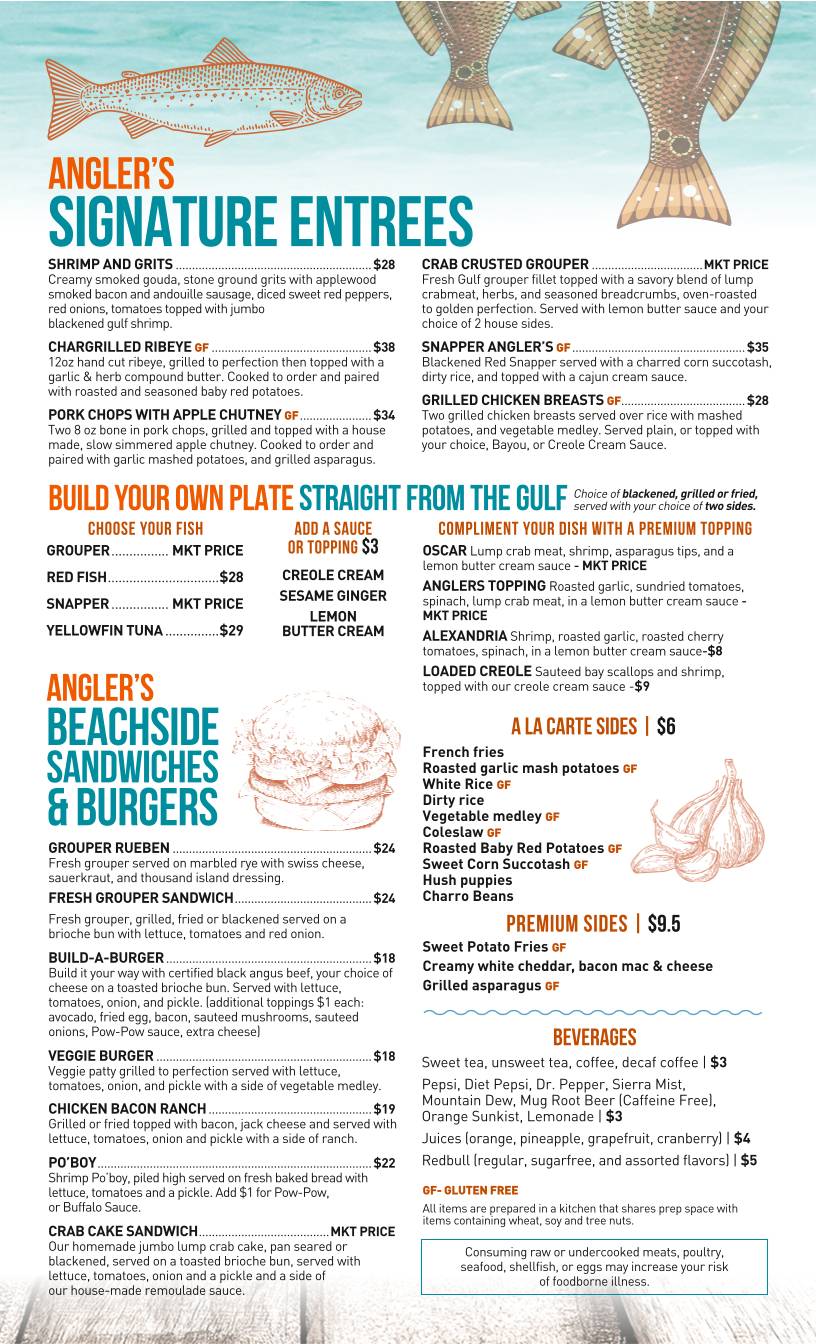 Menu at Angler's Beachside Grill restaurant, Fort Walton Beach