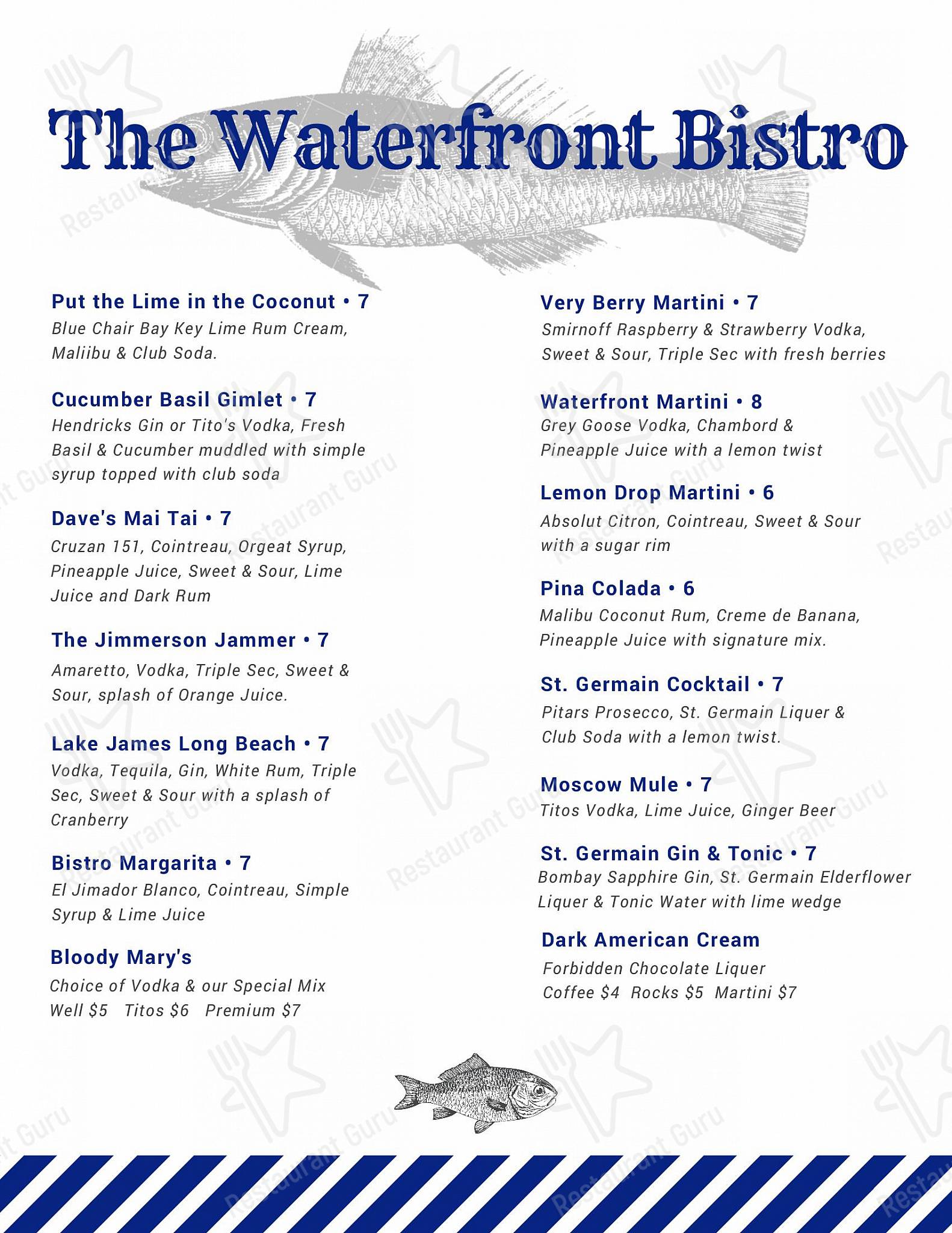 Menu at The Waterfront Bistro restaurant, Angola, N 300 W