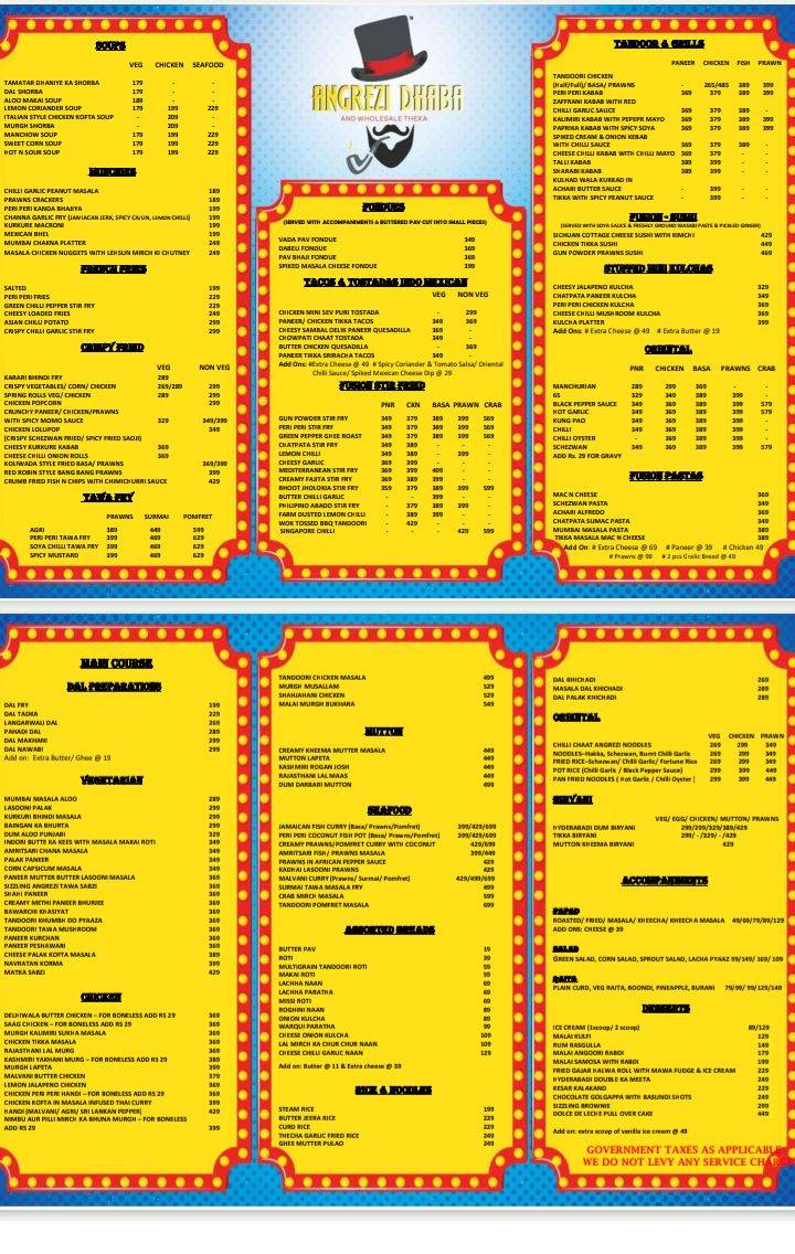 Menu at Angrezi Dhaba, Nashik