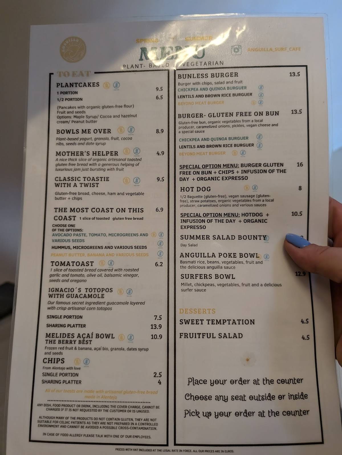 Menu em Anguilla Surf Café, Melides