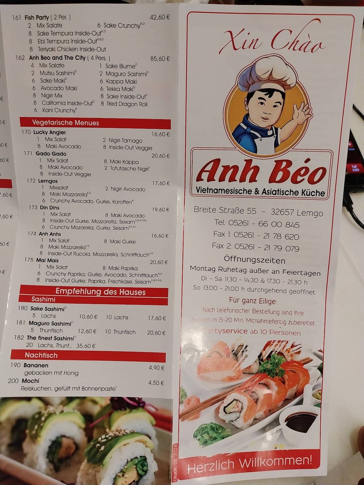 Speisekarte von Anh Béo restaurant, Lemgo