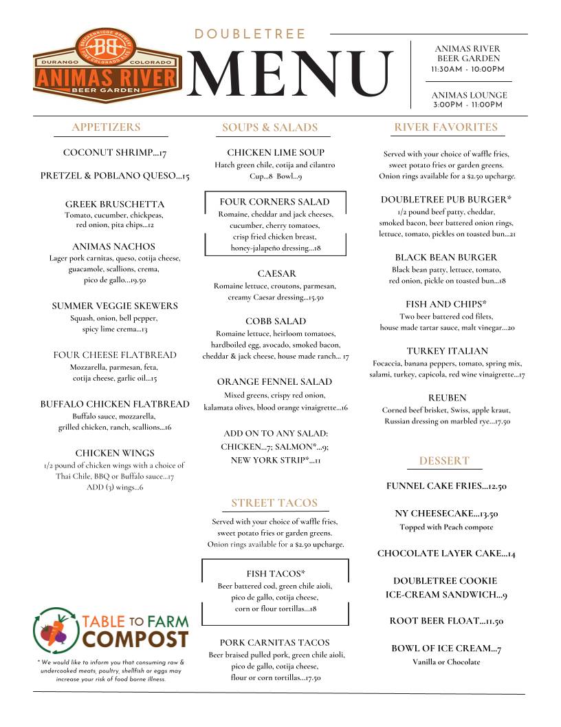 Menu at Animas River Beer Garden cafe, Durango