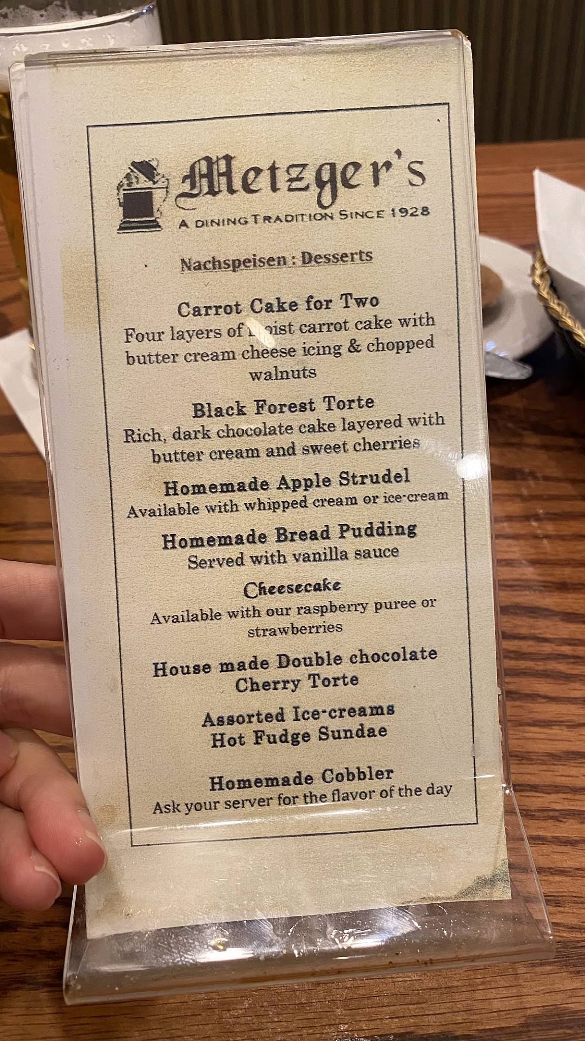 Menu at Metzger's restaurant, Ann Arbor