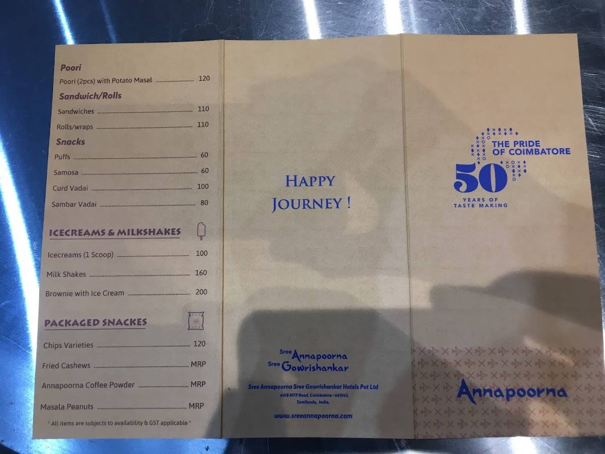 Menu at Annapoorna, Coimbatore, 22JQ+6MQ
