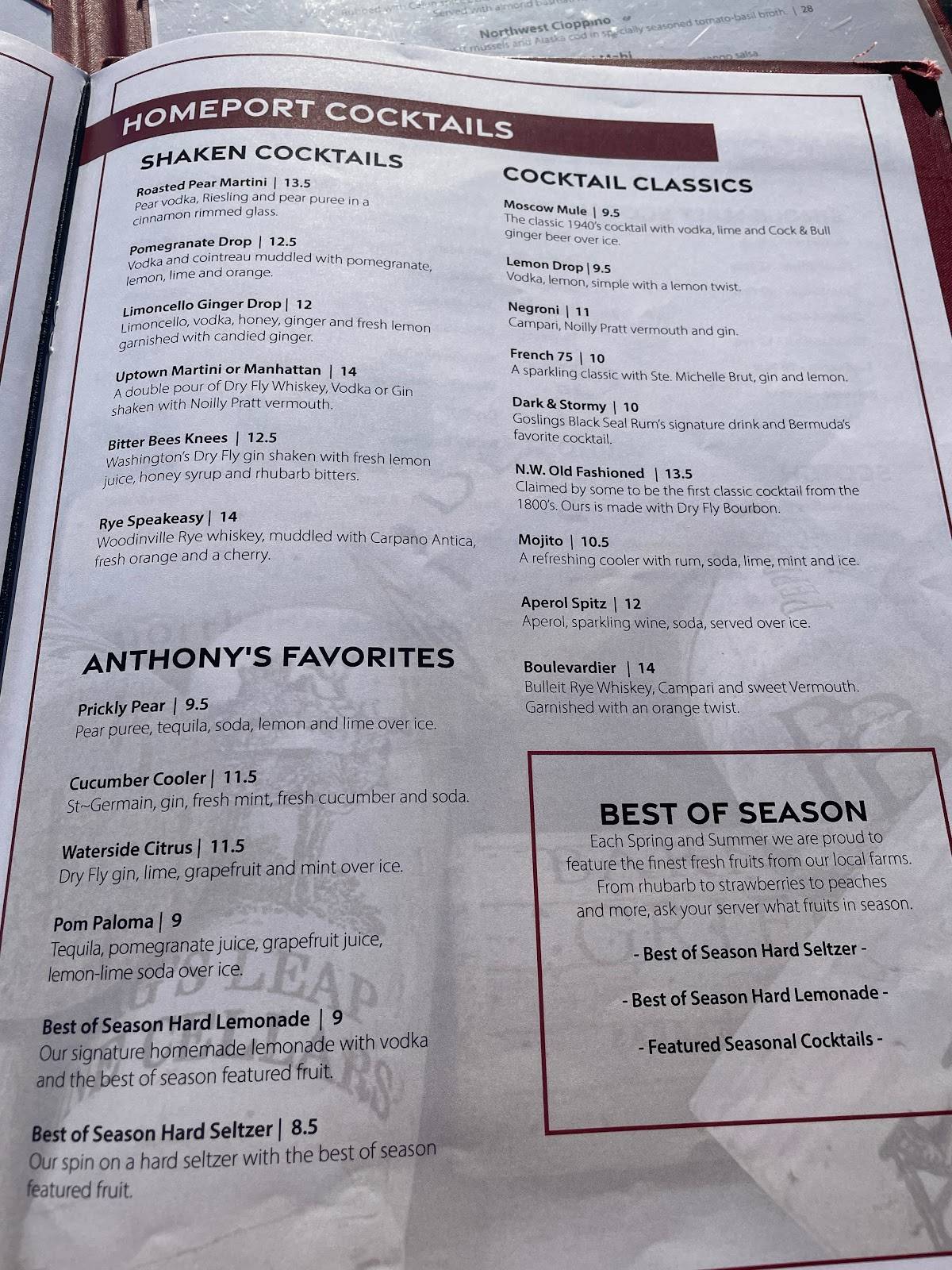 Menu at Anthony's HomePort restaurant, Des Moines, 421 S 227th St