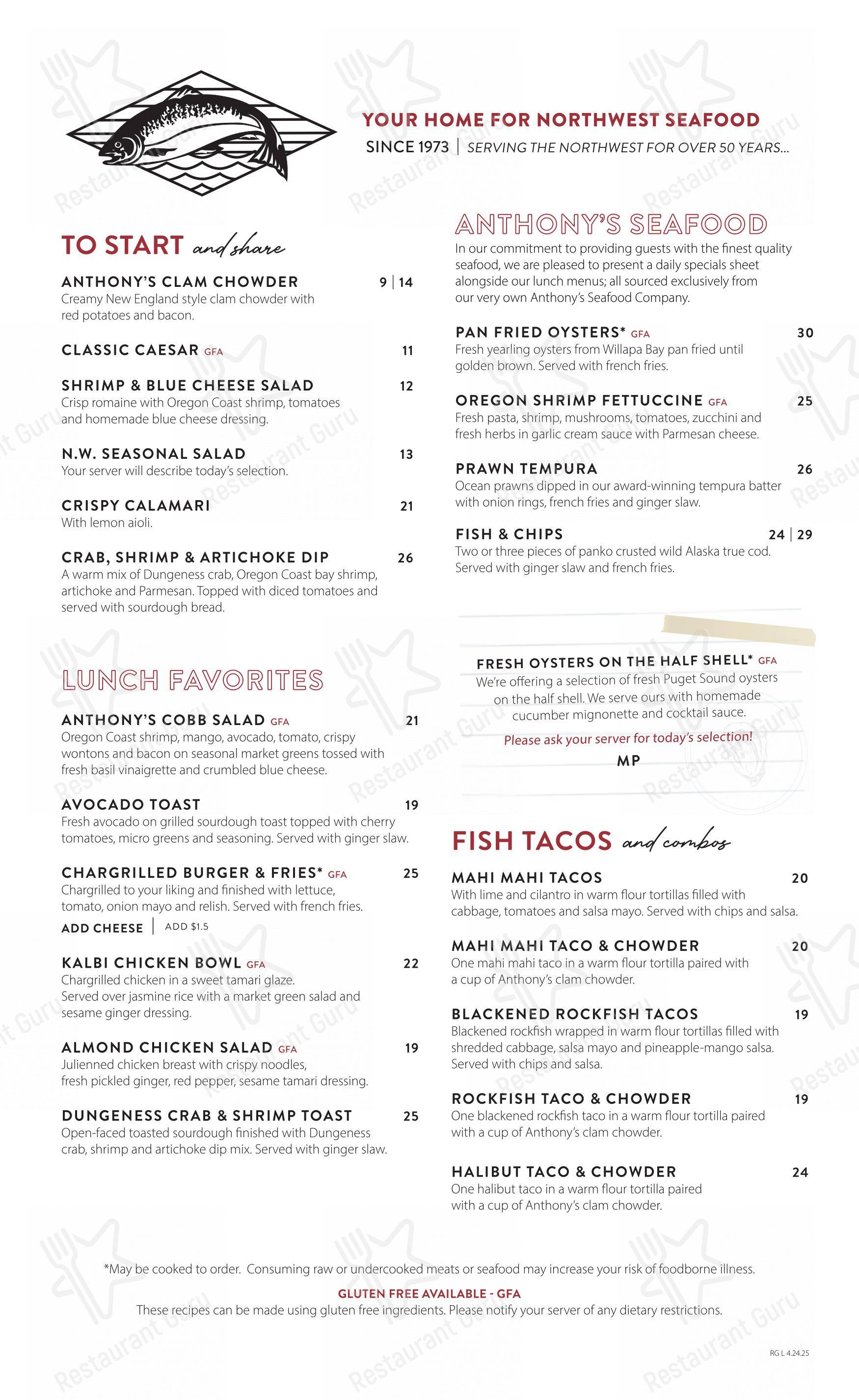 Menu at Anthony's HomePort restaurant, Des Moines, 421 S 227th St