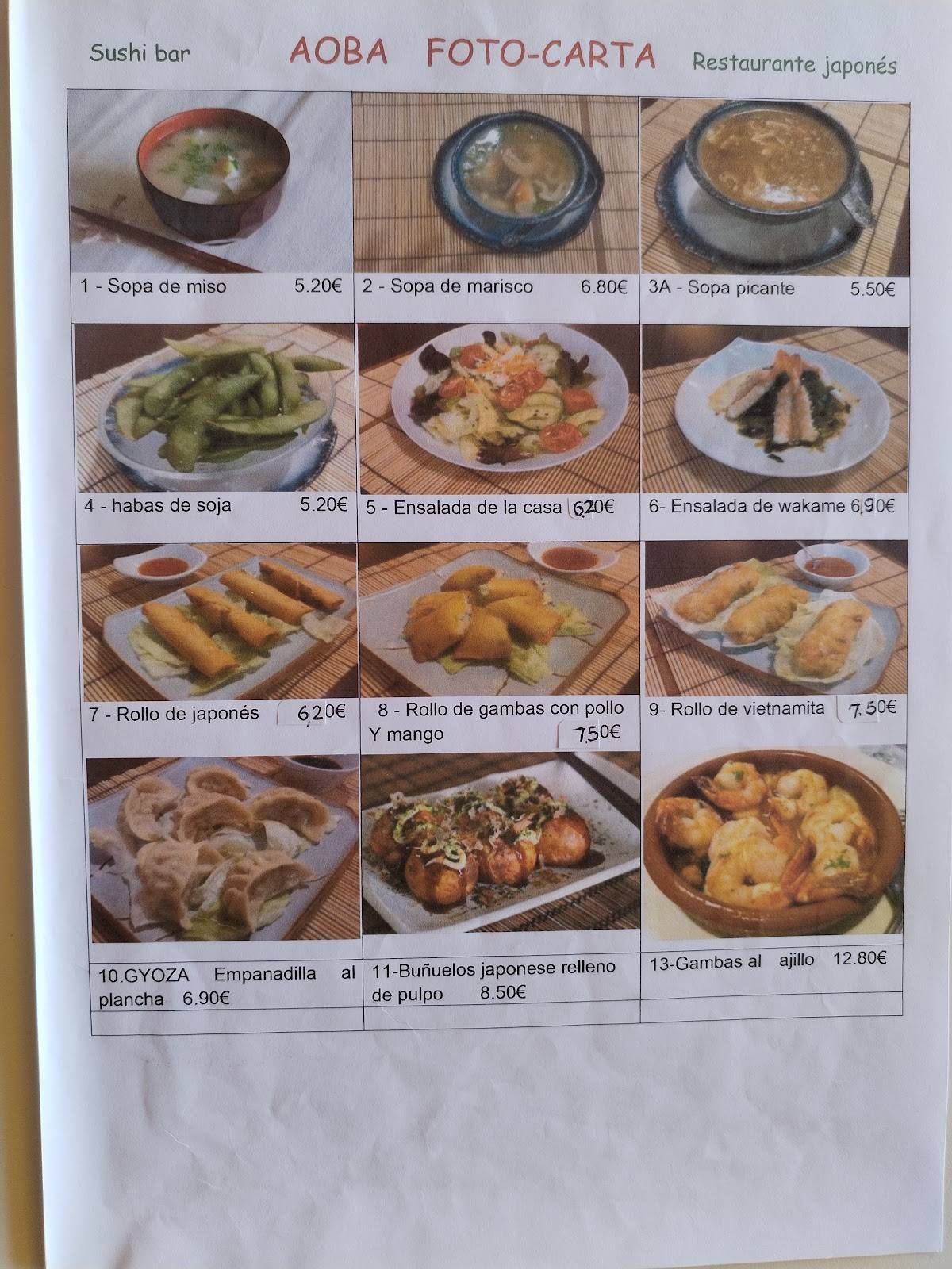 Carta del restaurante Aoba, Ampuriabrava