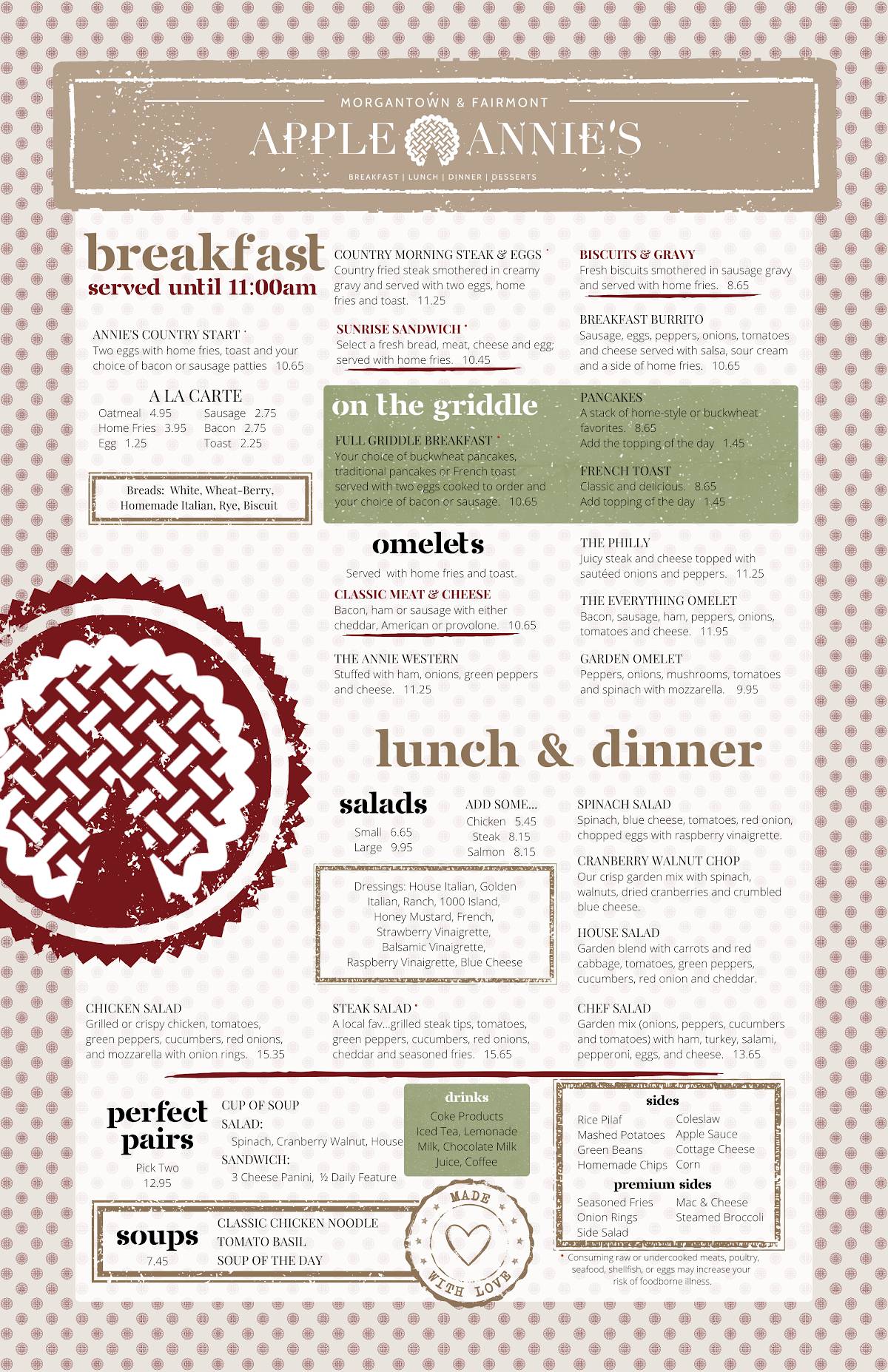 Menu at Apple Annie's restaurant, Cheat Lake, Mid Atlantic Dr