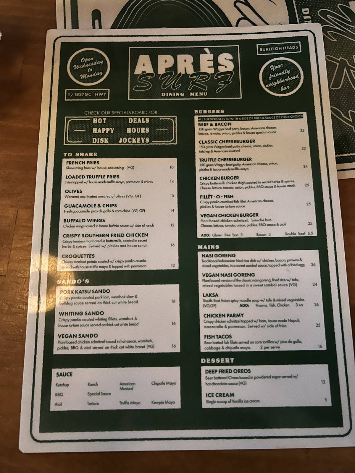 Menu at Apres Surf pub & bar, Mermaid Beach, Shop 1/1837 Gold Coast Hwy