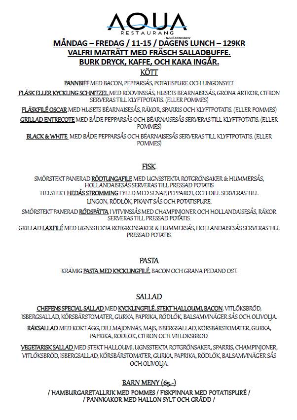 Menu at Aqua Restaurang & Bar - Hedåskiosken, Sandviken, Årsundavägen 301