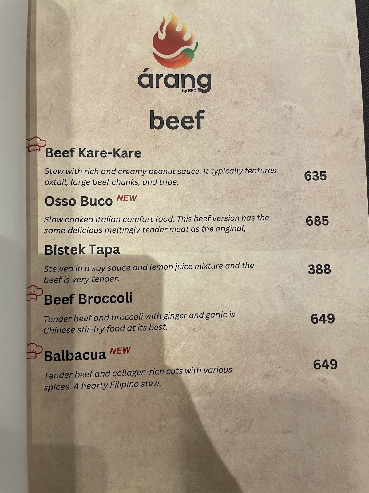 Menu at Arang Resto Bar, Legazpi City