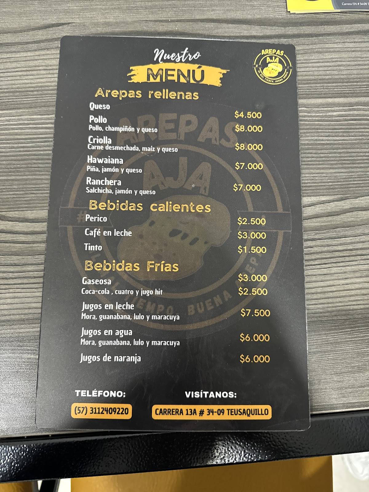 Menu at Arepas Aja restaurant, Bogotá