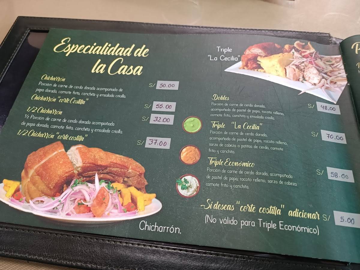 Carta del restaurante La Cecilia, Tiabaya