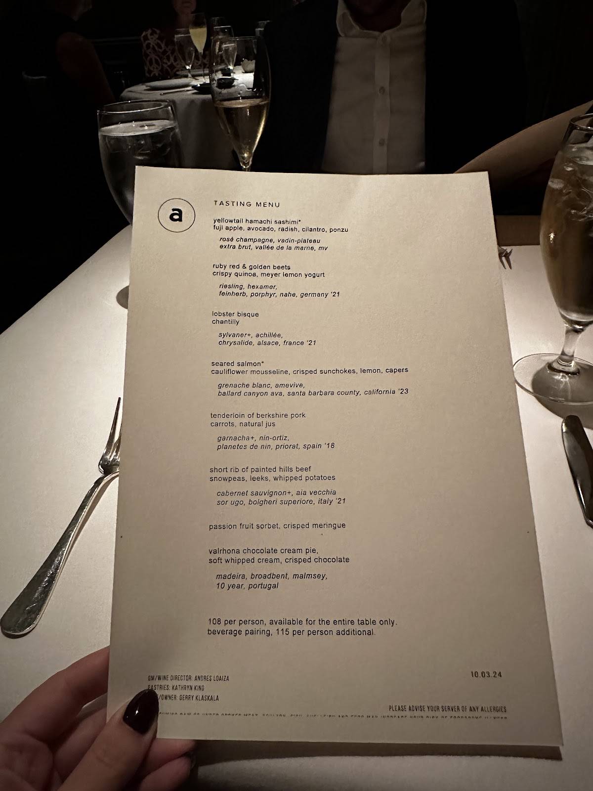 Menu at Aria restaurant, Atlanta
