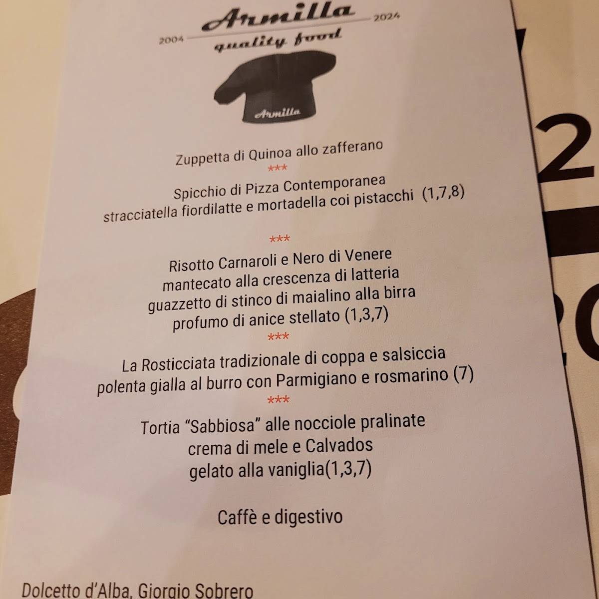 Menu da Armilla ristorante, Anzano del Parco