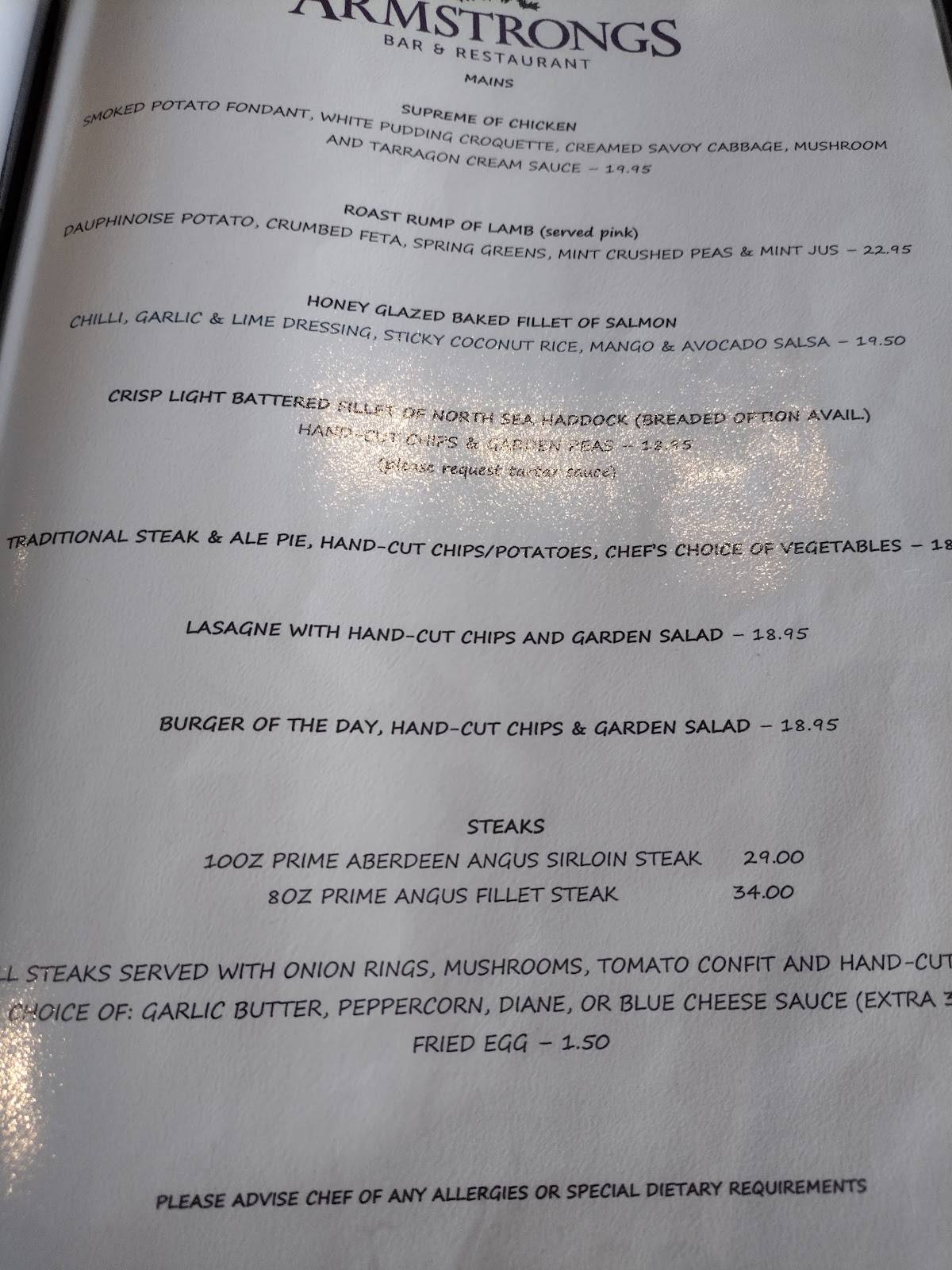 Menu at Armstrong's Bar & Restaurant, Kirriemuir