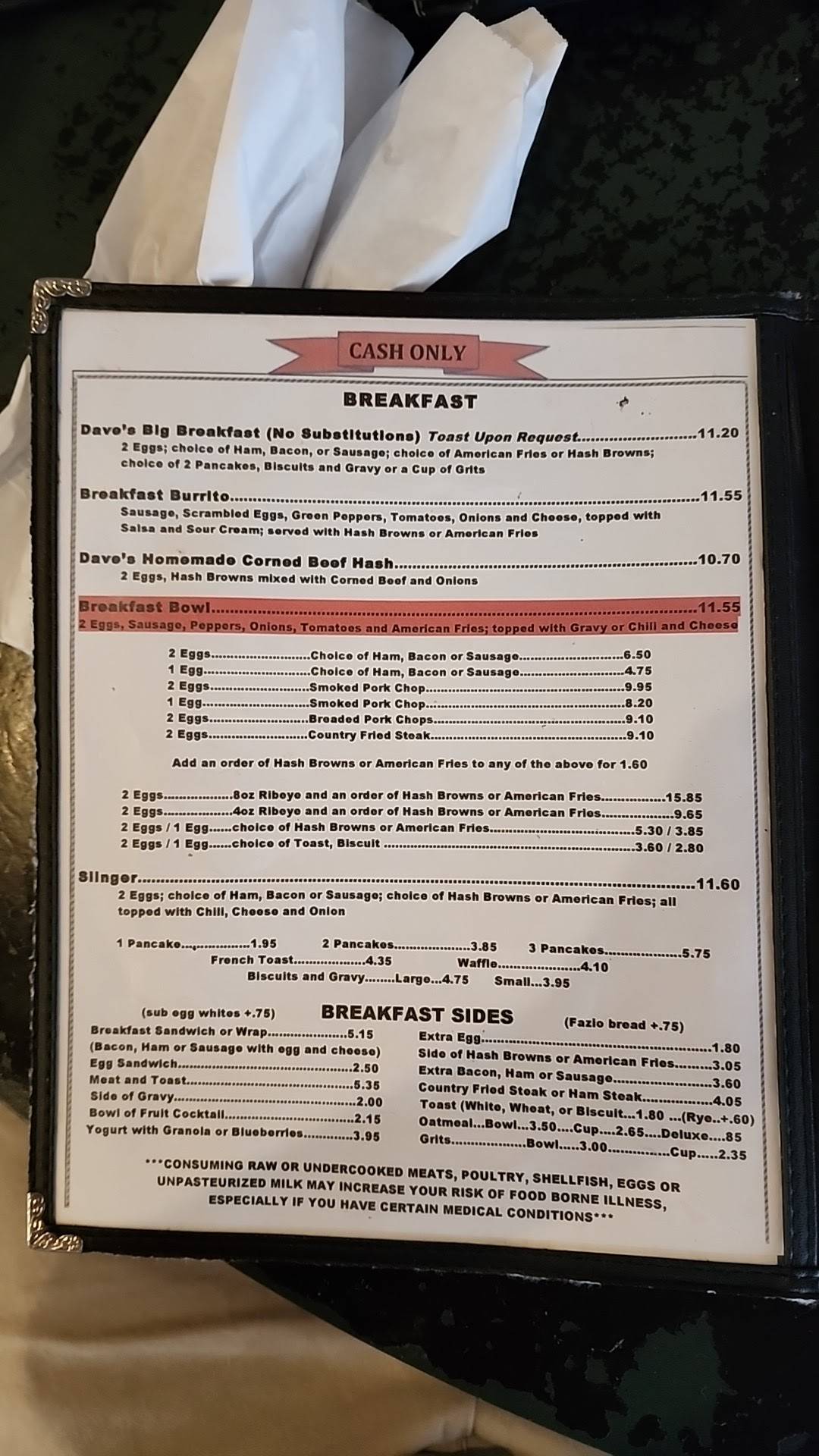 Menu at Dave's Diner restaurant, Arnold