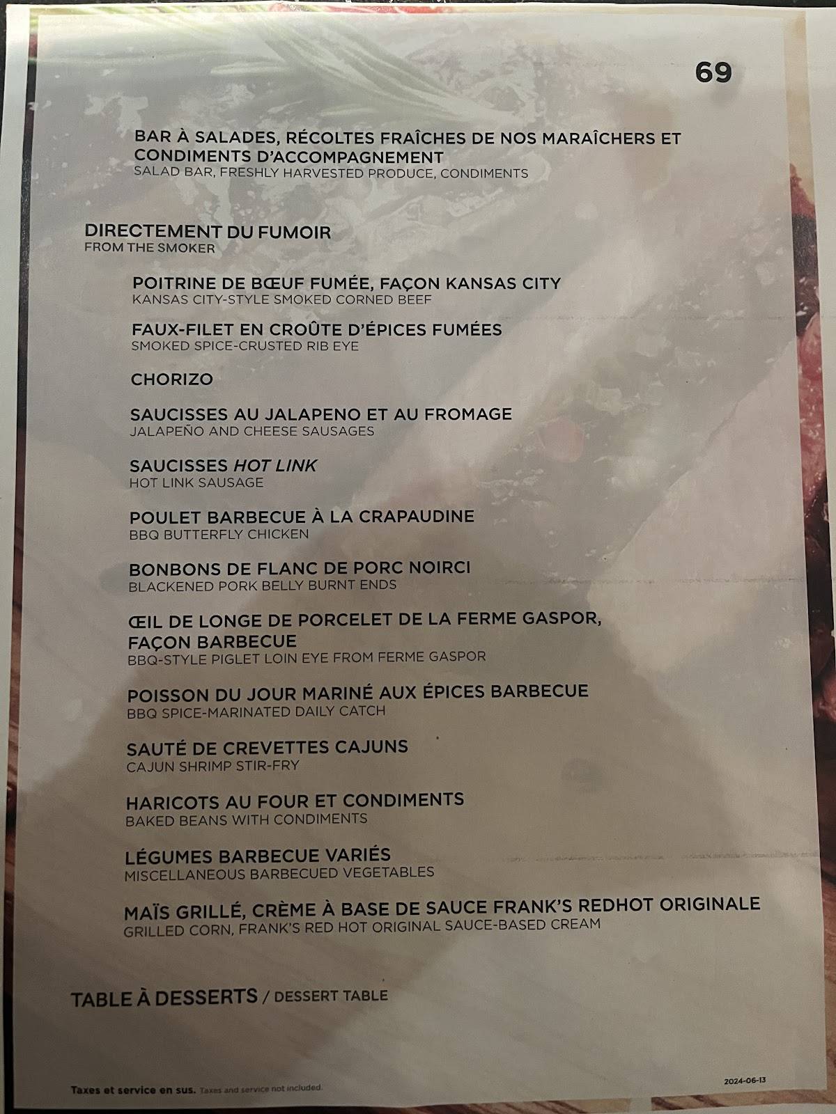 Menu at Arôme BBQ, Gatineau
